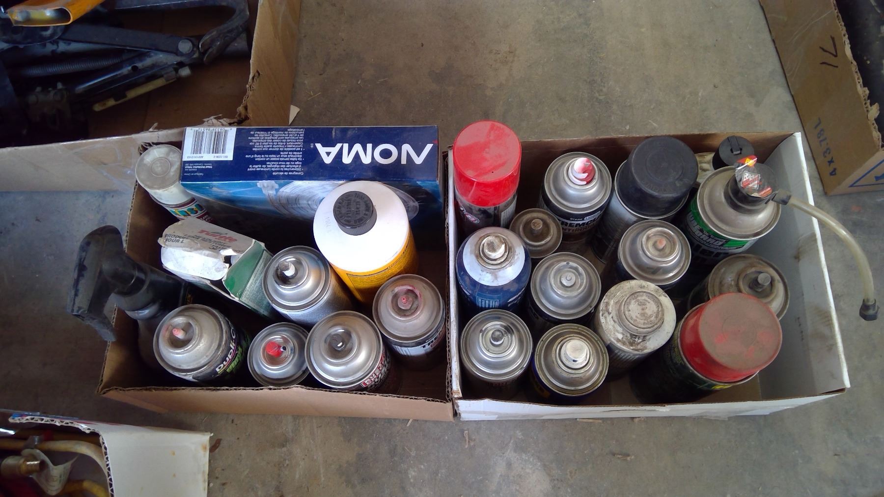 TWO BOXES OF PAINT, WD-40, ASSORTED CHEMICALS