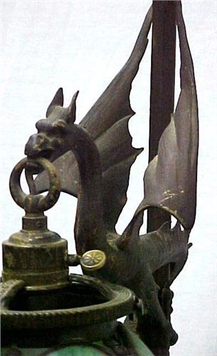 Bronze Griffin Lamp With Green Slag Glass Shade