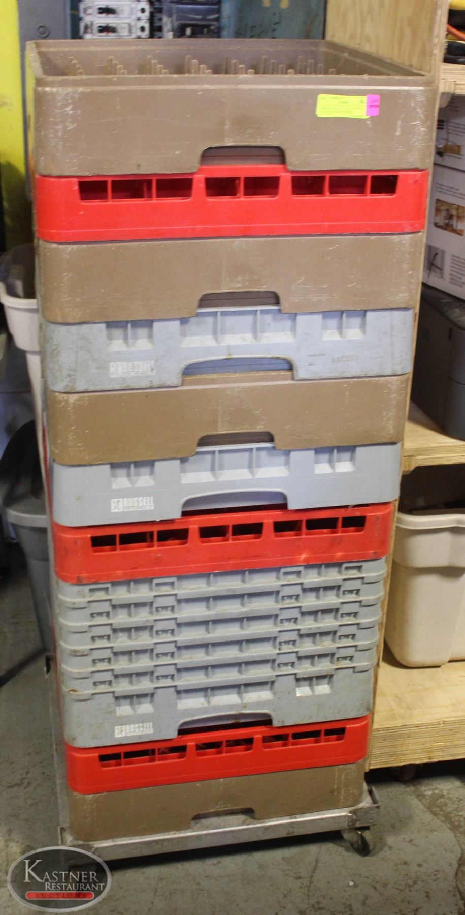 4-WHEEL DOLLY / CART WITH 10 ASSORTED DISHWASHER