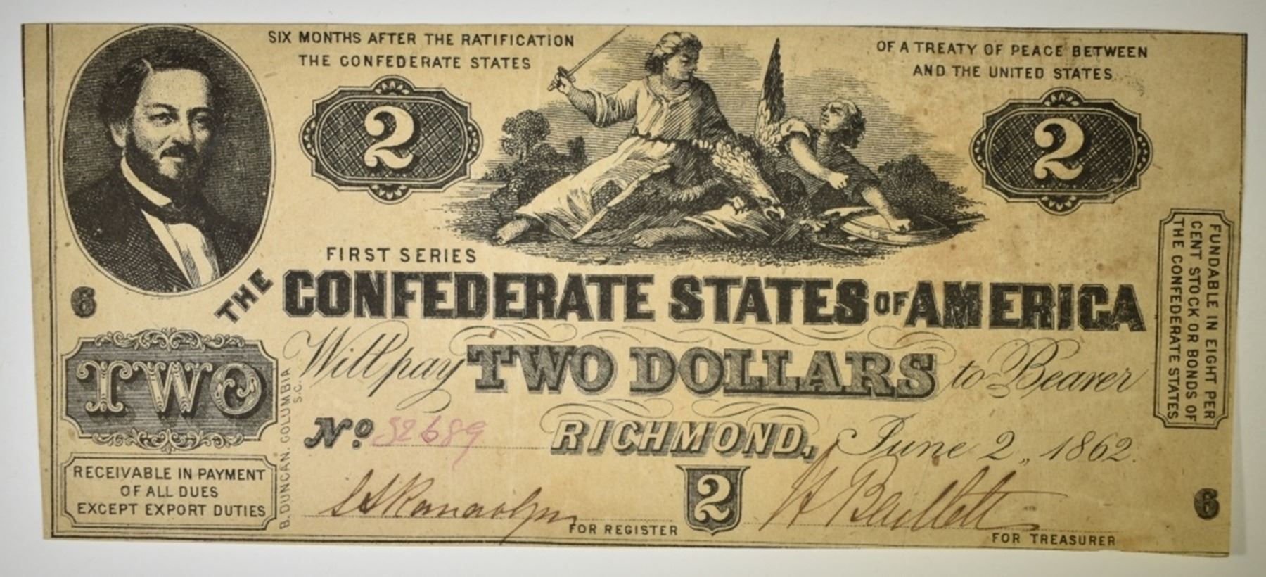 1862 $2 CONFEDERATE NOTE