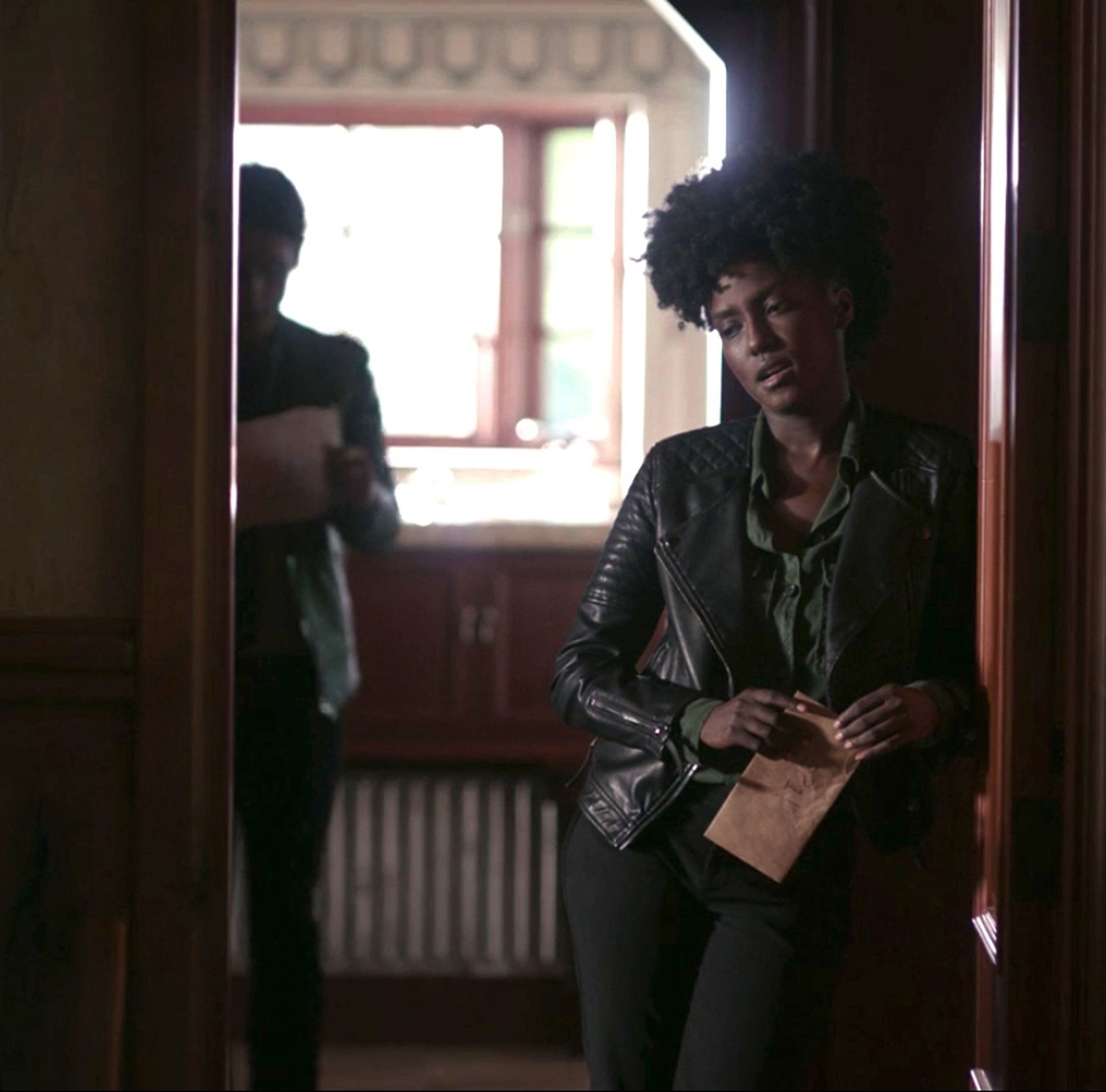 Jade Eshete 'Farah Black' quilted biker jacket from Dirk Gently's ...