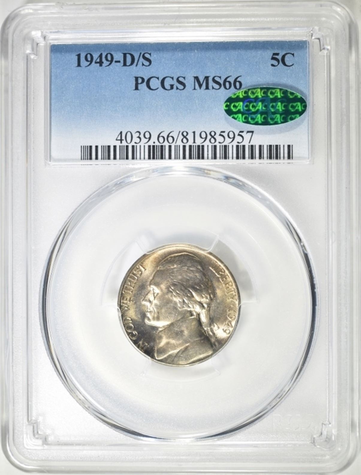 1949-D/S JEFFERSON NICKEL, PCGS MS-66 CAC!