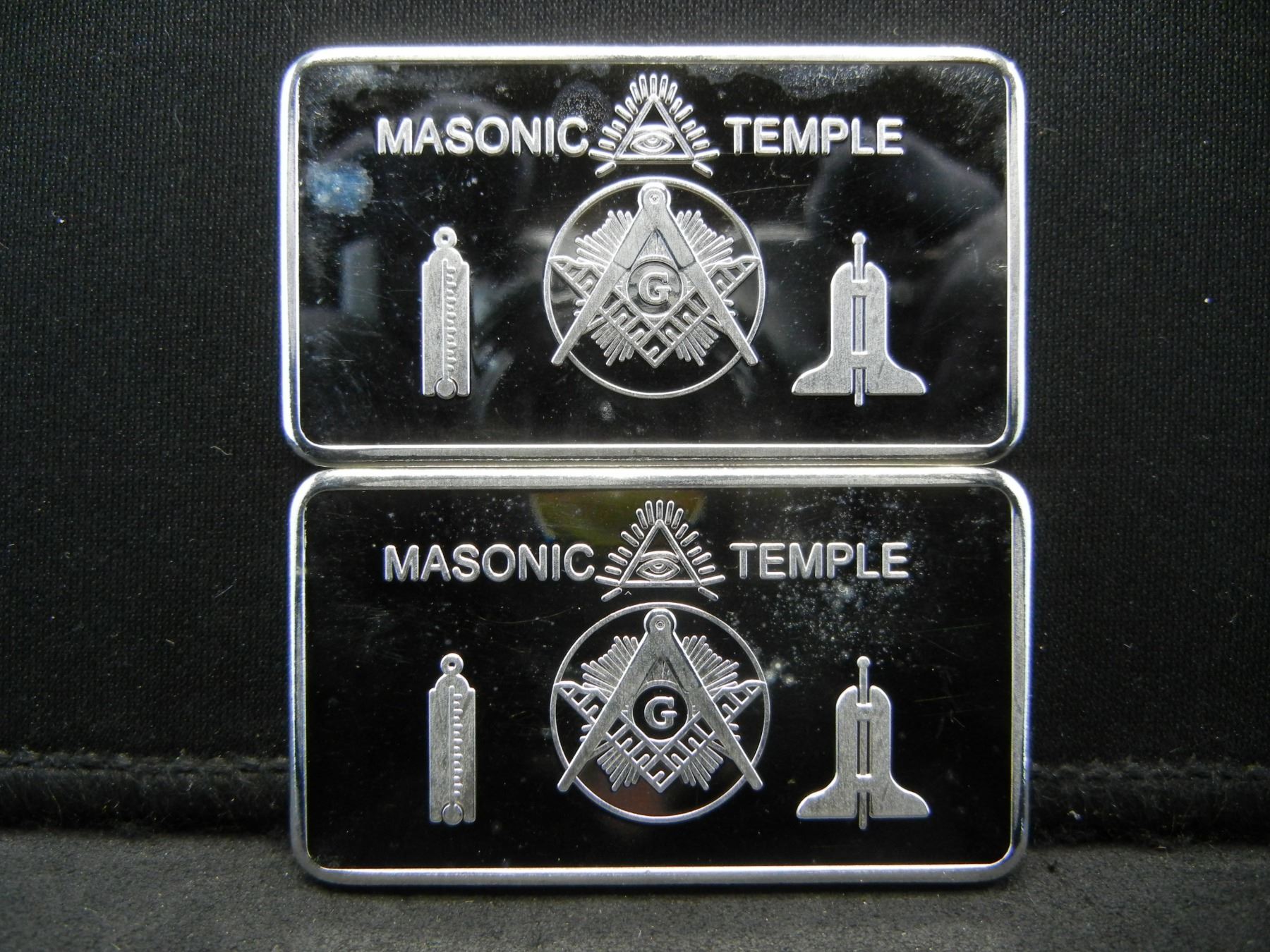 CLAD Masonic Temple (2) One Oz. 100 Mills .999 Silver Collector Bars CLAD