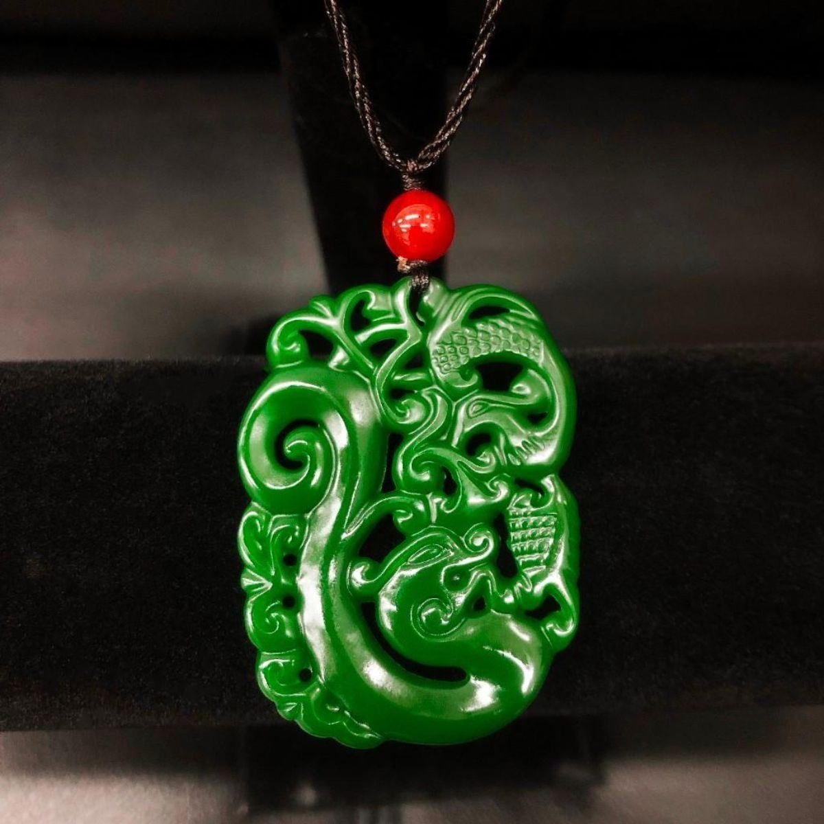 Carved Asian Green Jade Dragon Medallion Necklace