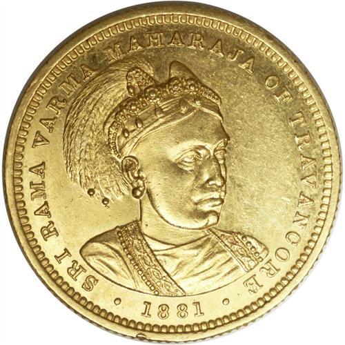 India. Travancore. Rama Varma IV gold Sovereign 1881 ME1057, K ...