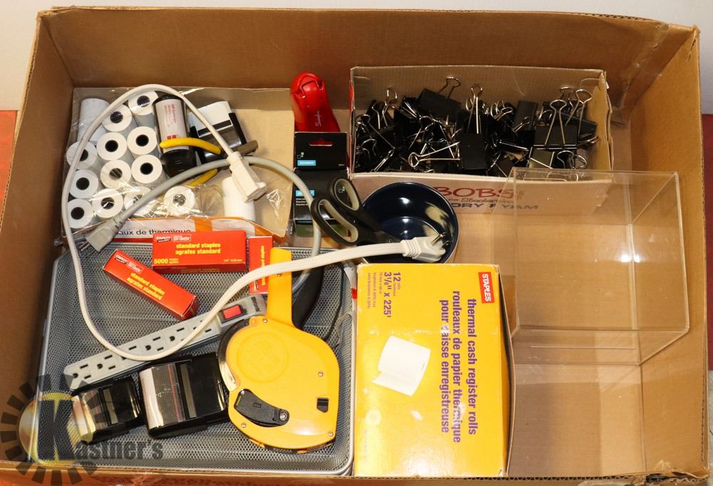 LARGE BOX OF OFFICE SUPPLIES INCLUDING TICKET GUN