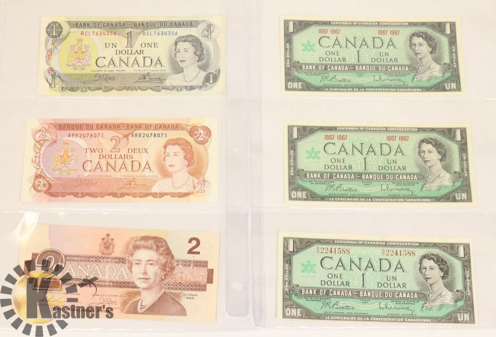 LOT OF 6 VARIOUS CANADIAN BANK NOTES - 1967-1986.