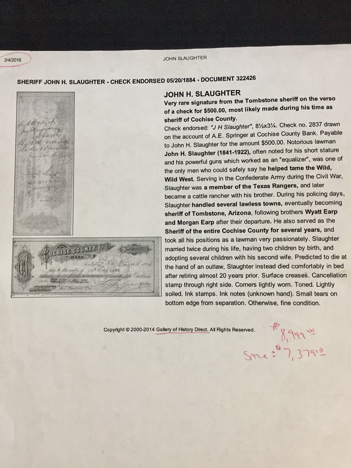 Historic John Slaughter Letter