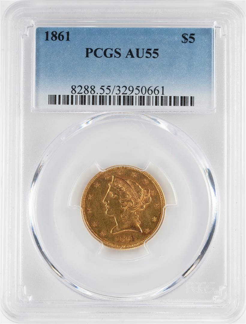 1861 $5 Liberty Head Half Eagle Gold Coin PCGS AU55