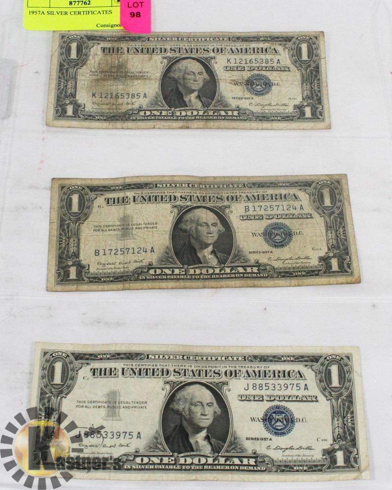 1957A USA ONE DOLLAR SILVER CERTIFICATES BLUE SEAL Kastner Auctions 1957a-usa-one-dollar-silver-certificates-blue-seal-kastner-auctions