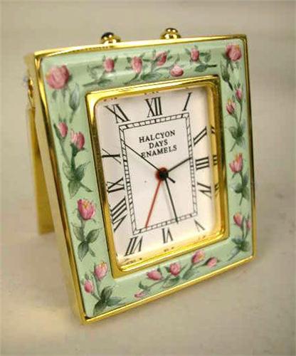 A HALCYON DAYS ENAMEL QUARTZ DESK ALARM CLOCK IN ORIGINAL BOX WITH A ...