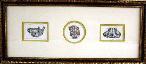 THREE SMALL LITHOGRAPHS IN A SINGLE FRAME