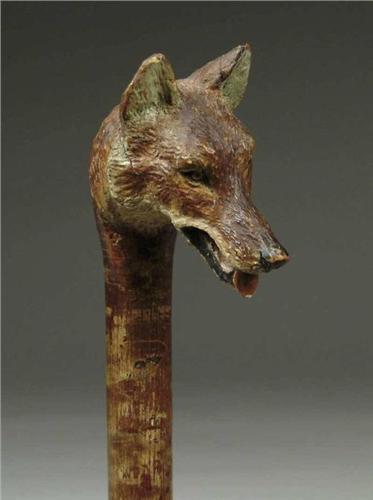 CARVED AND PAINTED WOOD FOX CANE