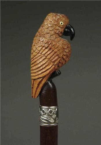 CARVED WOOD CANE WITH PARROT