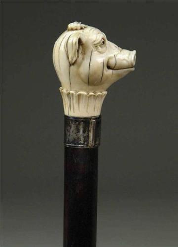 CARVED IVORY PIG HEAD CANE