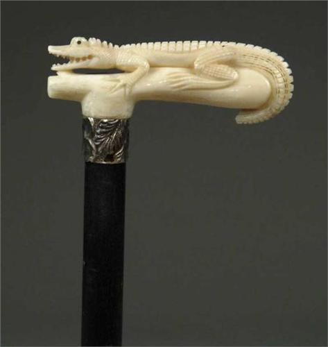 CARVED IVORY ALLIGATOR CANE