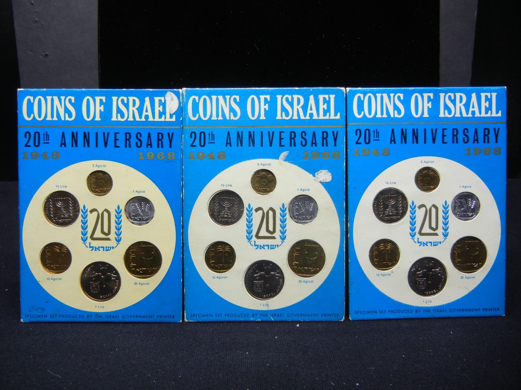 (3) 1948-68 Coins of Israel 20th Anniversary Sets All Unc Coins By Govt