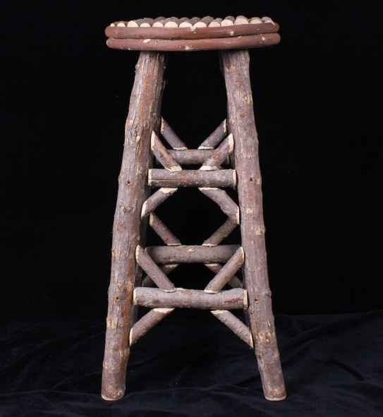 Three Rustic Pine Bark Bar Stools