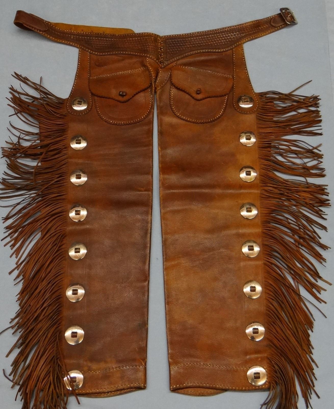 C. R. Wells shotgun chaps, fringed, outside pockets, basket stamped ...
