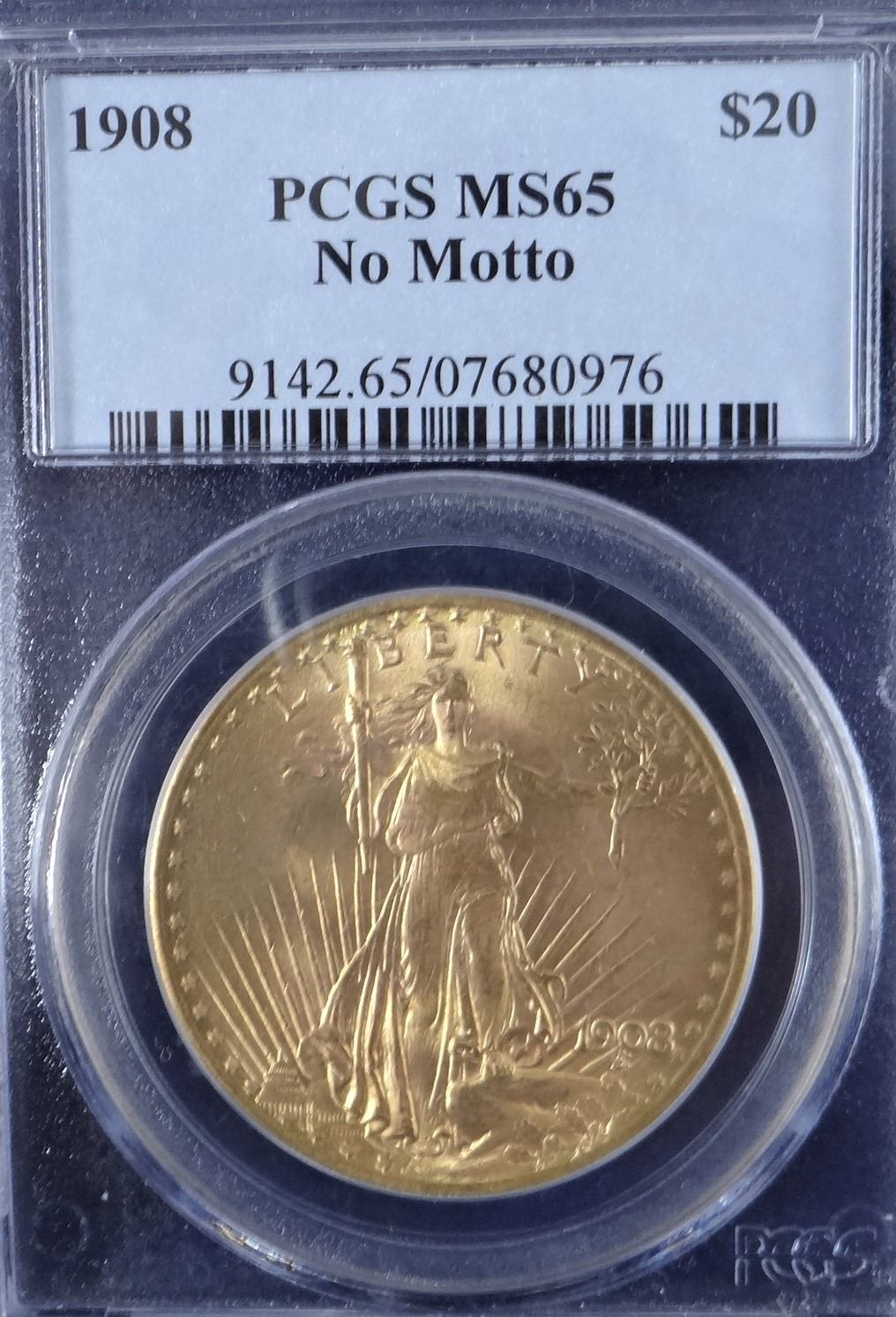 1908 St. Gaudens $20 gold coin, no motto, PCGS MS65