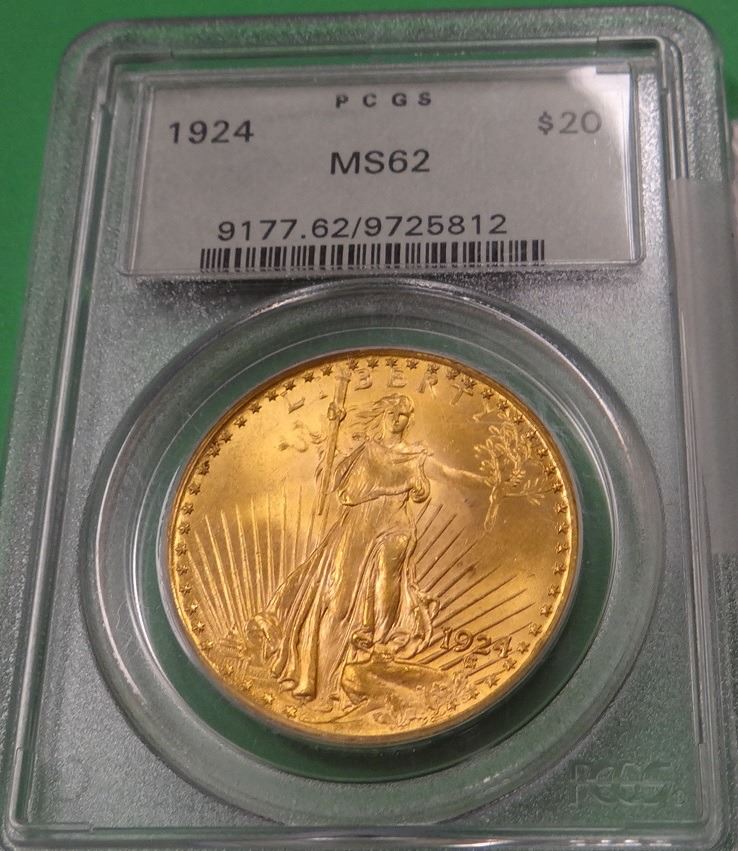1924 St. Gaudens $20 gold coin, PCGS MS62