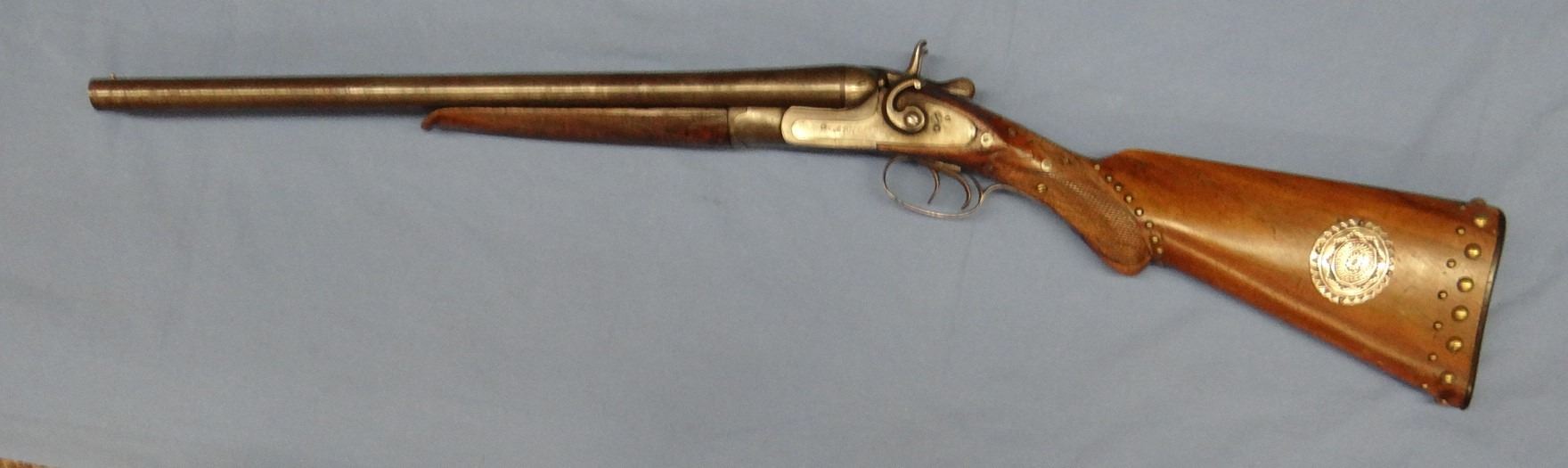 A. Righard stage coach shotgun, 12 gauge, dble 18 1/2" bbl., laminated ...