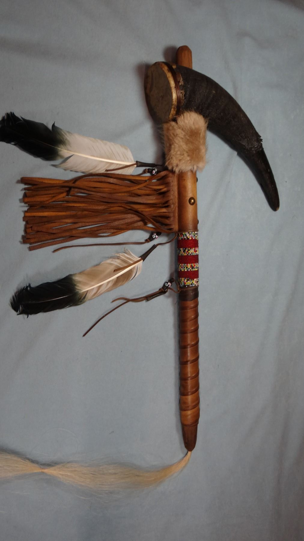 Buffalo horn rattle, 24", Chippewa/Cree, Many Trails Collection