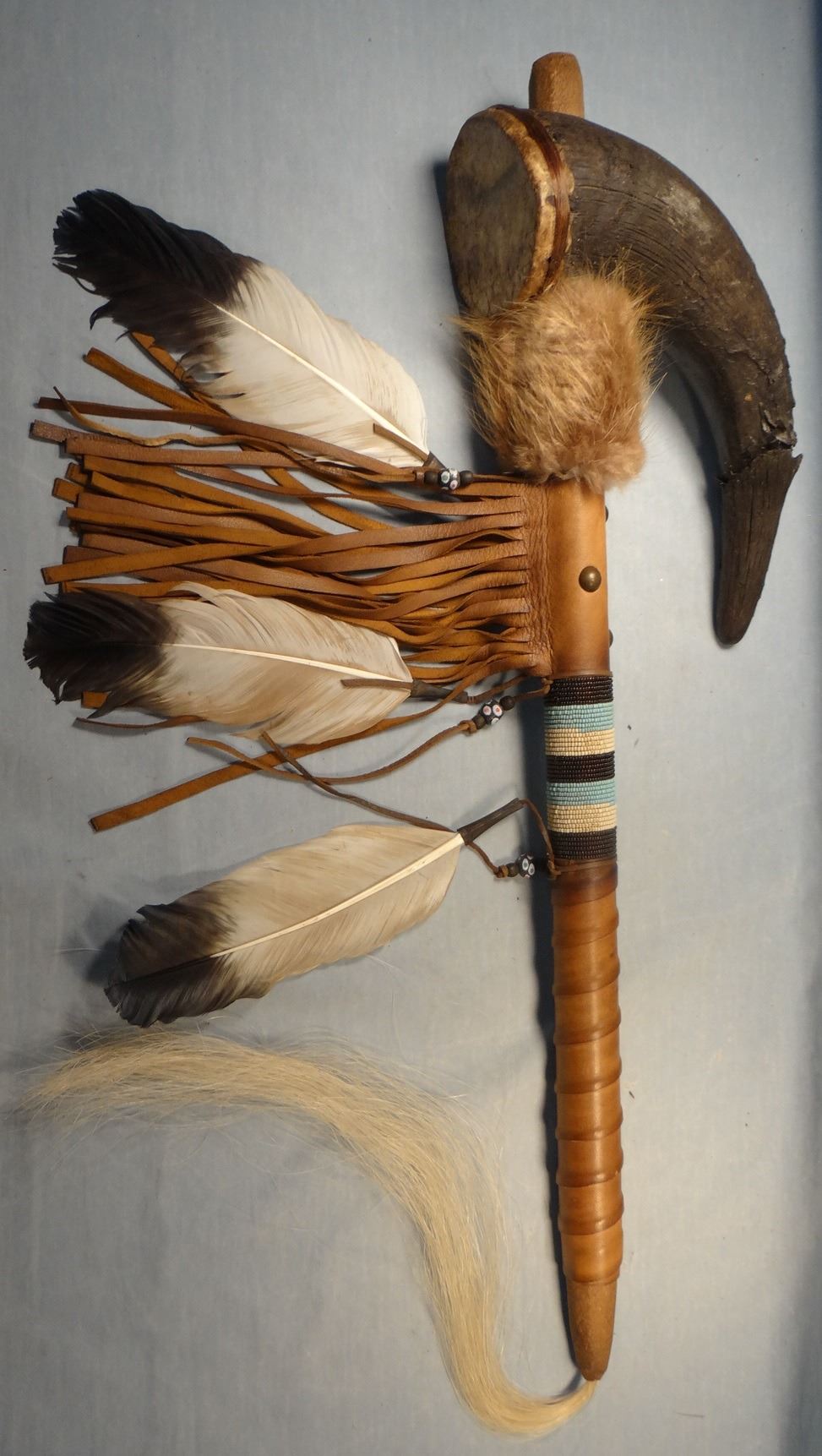Buffalo horn rattle, 24", Chippewa/Cree, Many Trails Collection