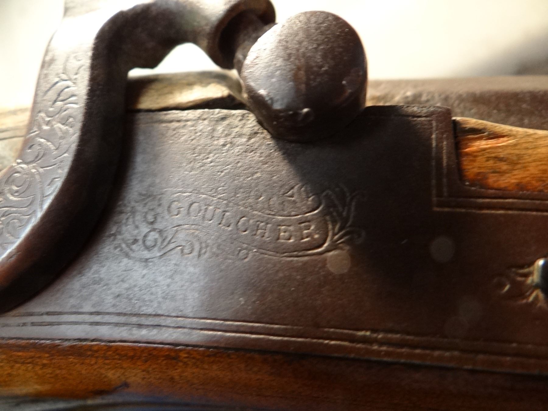 G. Goulcher muzzleloader, 30" oct. bbl., wall hanger