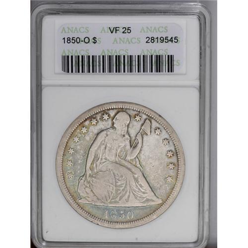 1850-O S$1 VF25 ANACS. Aqua-blue and tan colors enrich