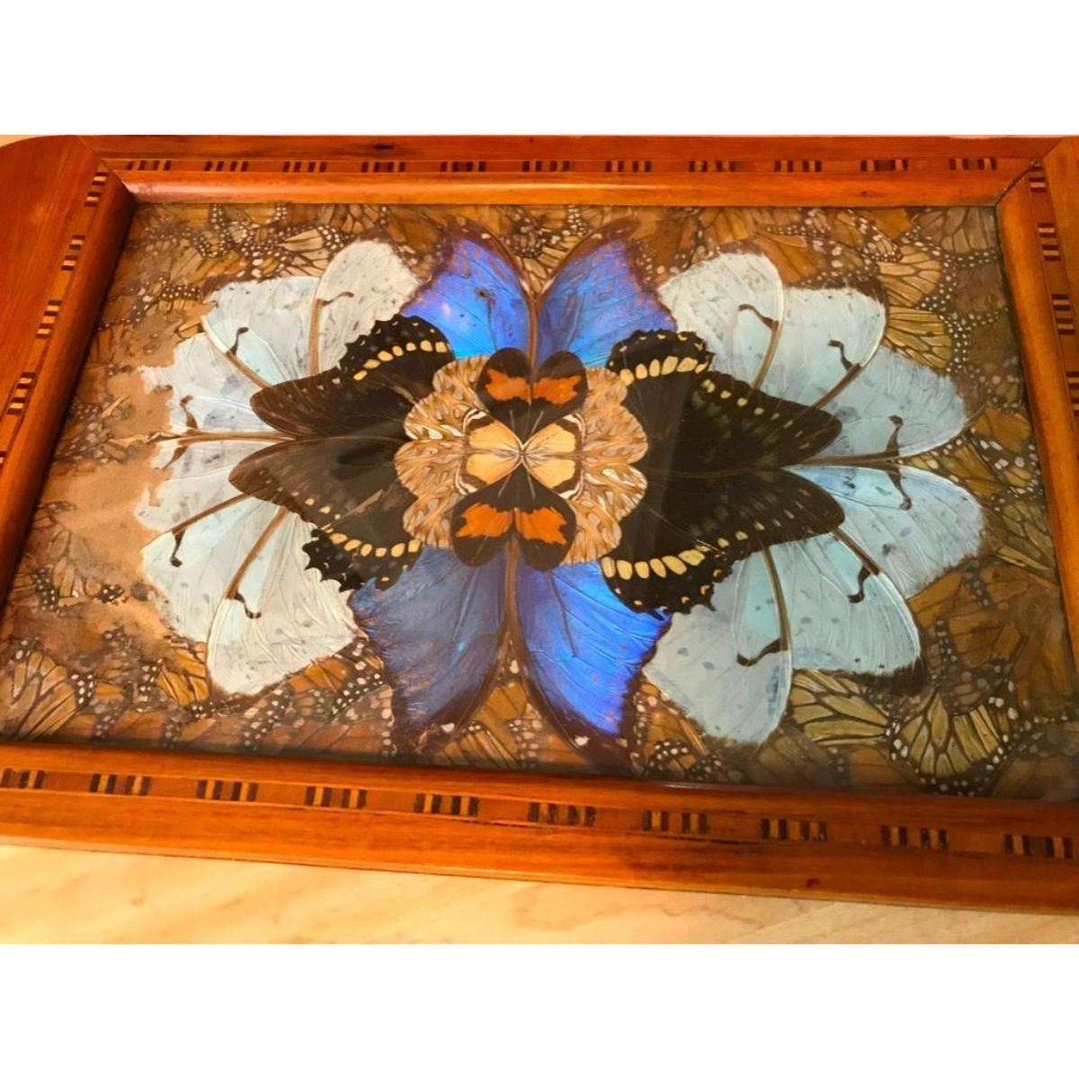 Vintage Art Deco Butterfly Wing & Inlaid Wood Tray