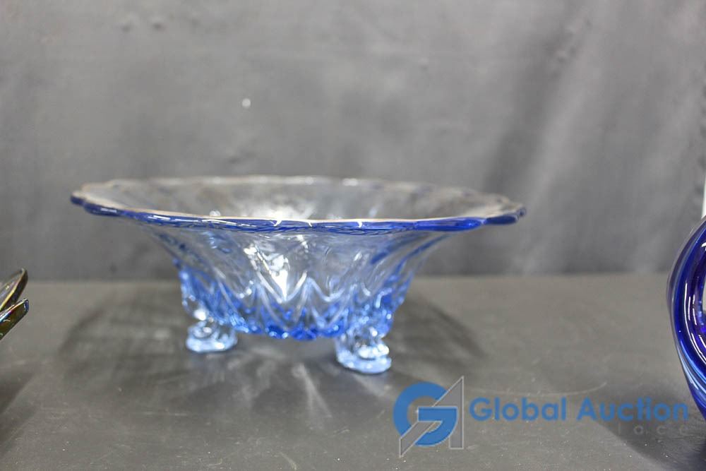 Carnival Glass Dish, Blue Glass Dish and Blue Blown Glass Art