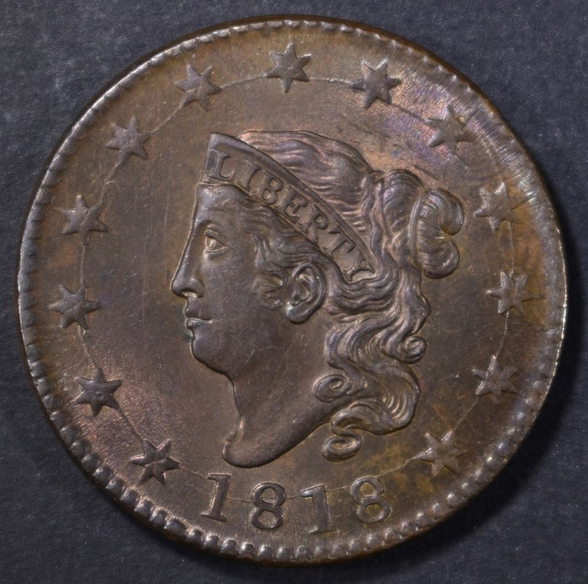 1818 LARGE CENT CH/GEM BU RB