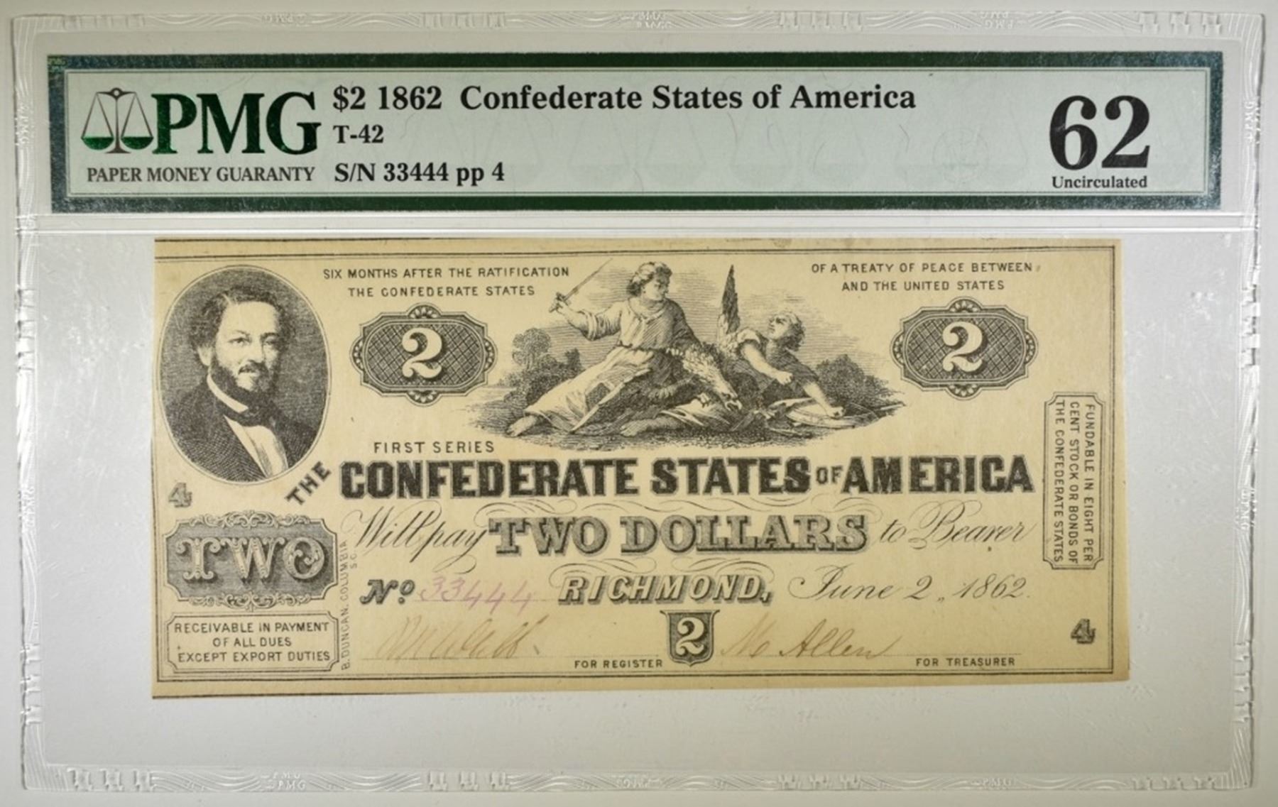 1862 $2 CONFEDERATE NOTE PMG 62 T-42