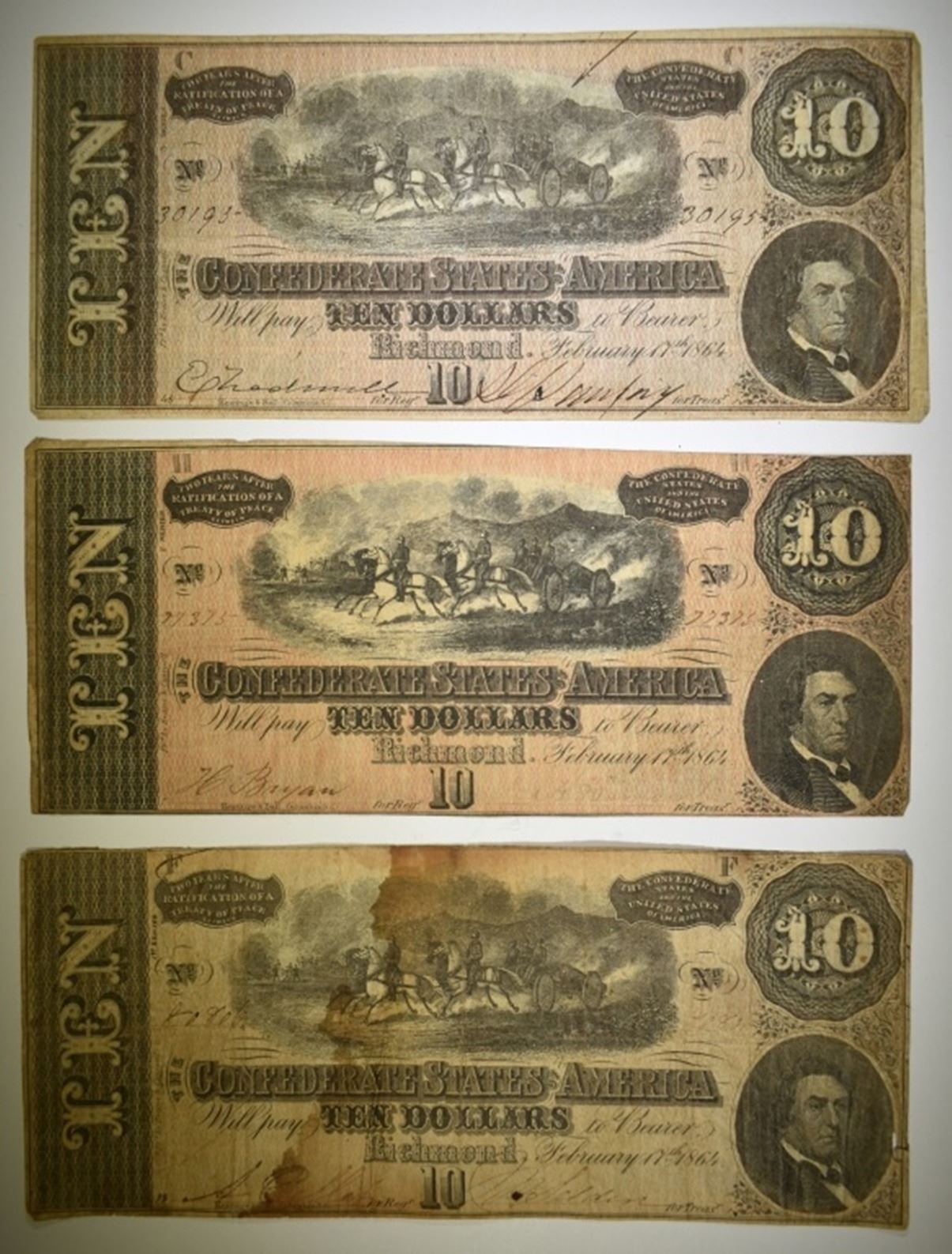 3-1864 $10 CONFEDERATE NOTES