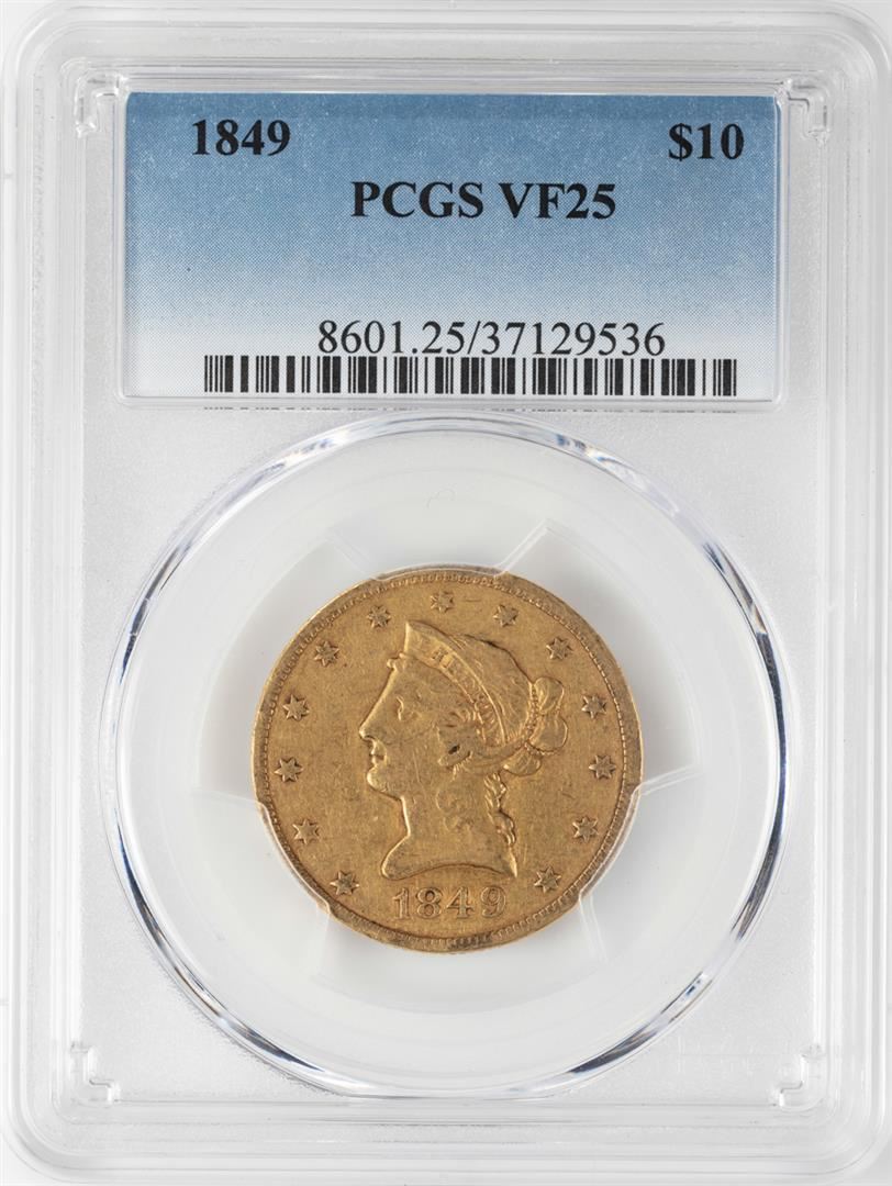 1849 $10 Liberty Head Eagle Gold Coin PCGS VF25 - BK Auctions