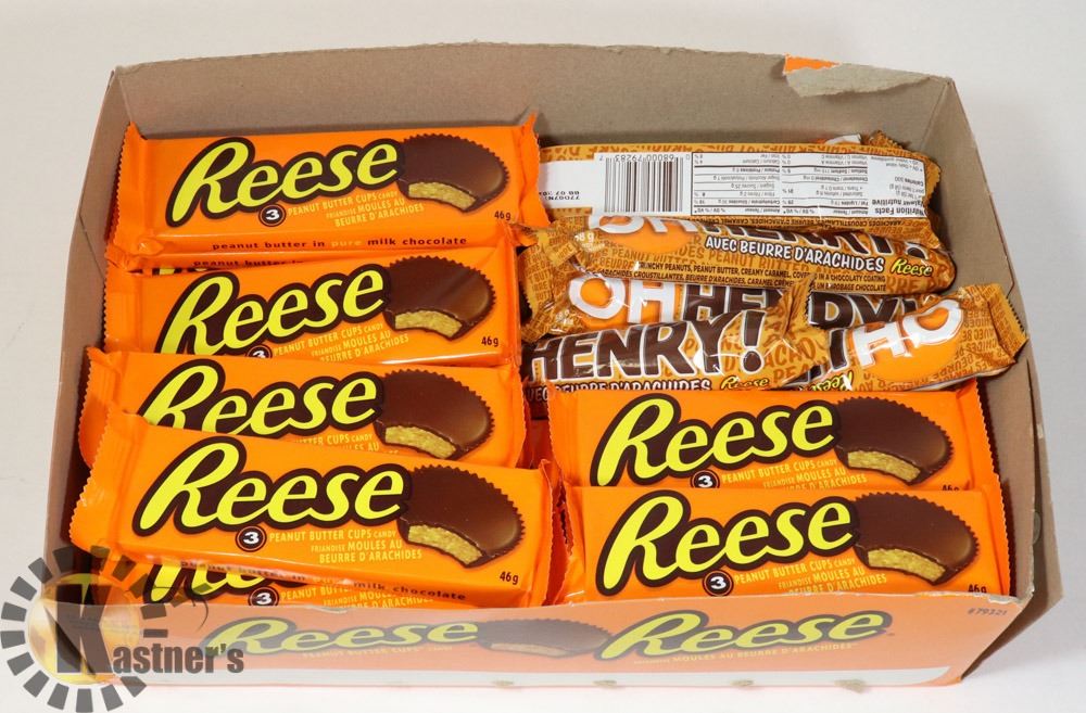BOX OF OH HENRY AND REECE PEANUT BUTTER CUPS