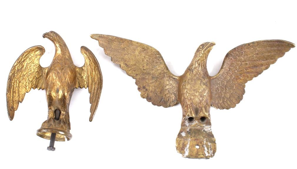 Antique Pair of Brass Eagle Flag Pole Toppers