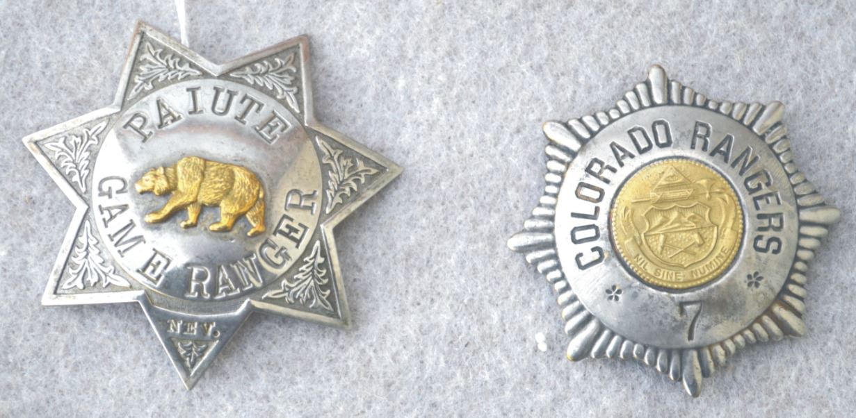 Colorado Rangers 7 silver badge and Nevada Piute Game Ranger badge