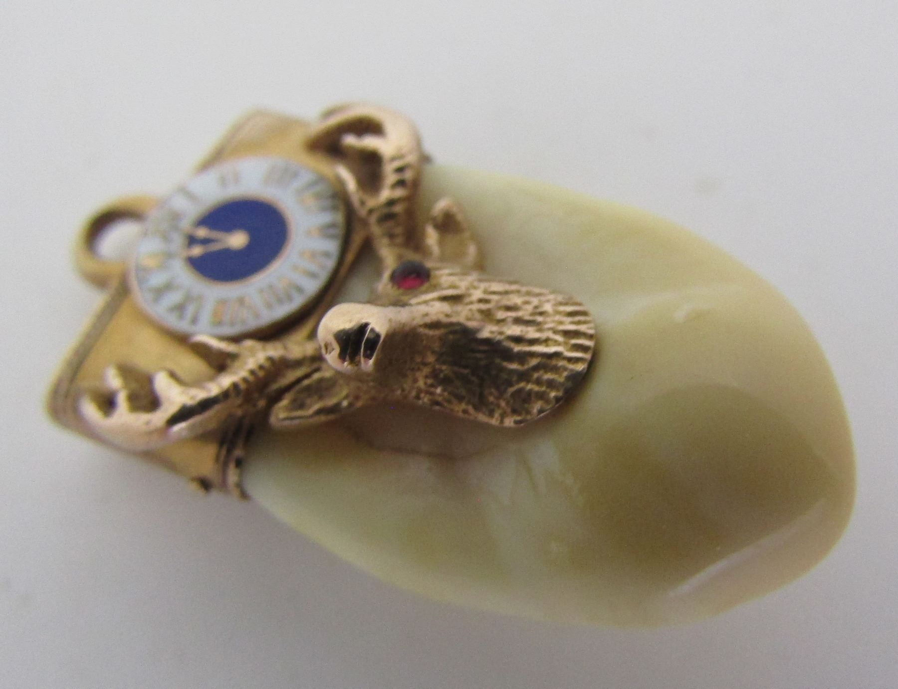 SOLID GOLD ELK TOOTH WATCH FOB PENDANT BPOE ENAMEL