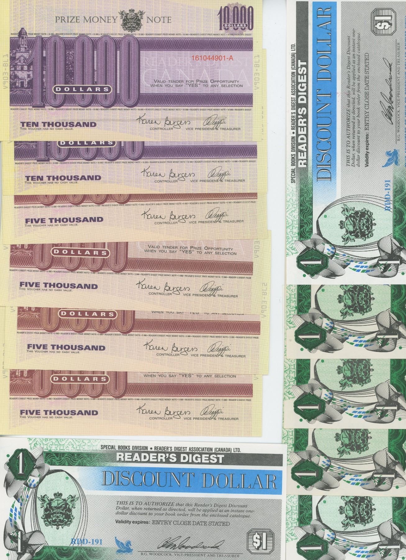 6-Readers Digest $1 discount notes 1990, 4-$5,000.00 Prize money notes ...