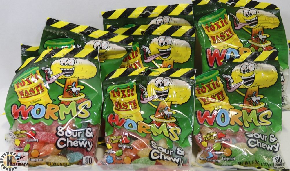 LARGE BAG OF TOXIC WASTE SOUR & CHEWY WORMS CANDY.
