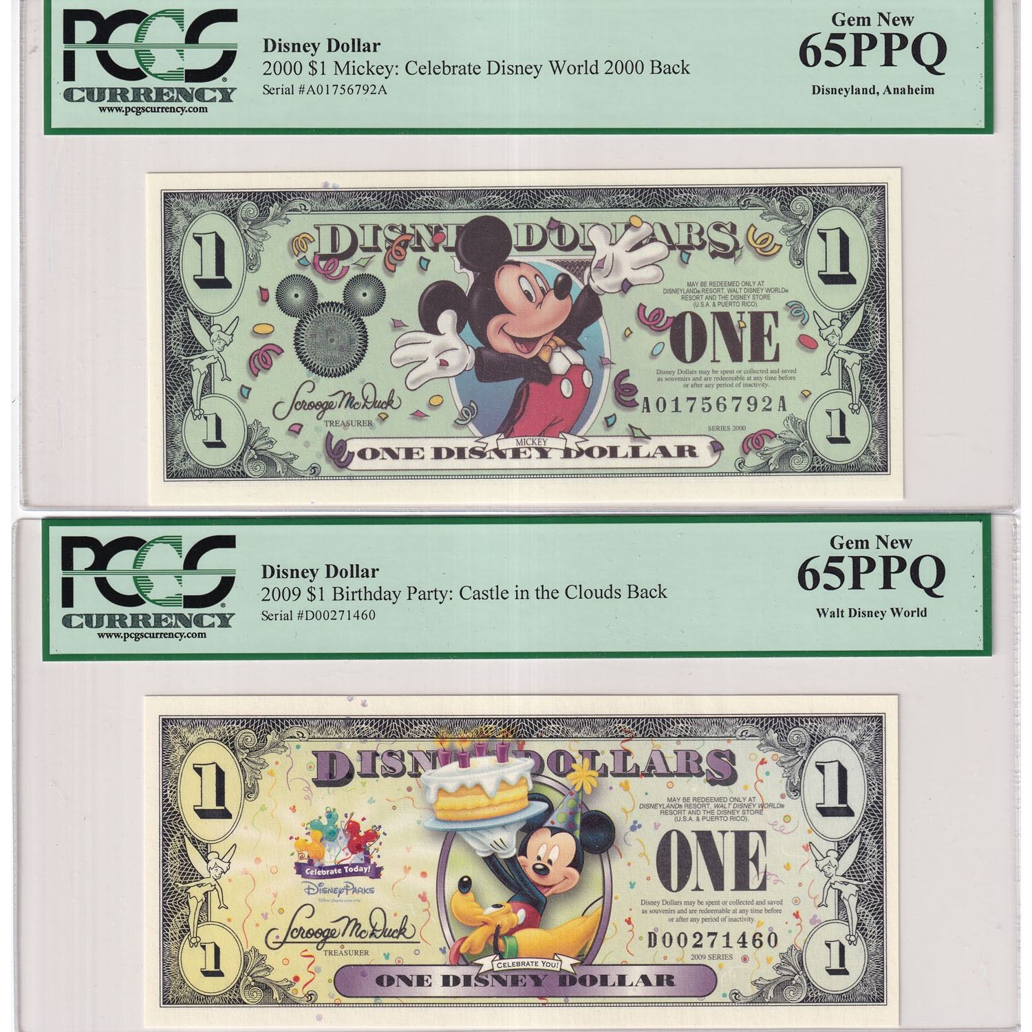 2000 & 2009 Disney Dollar PCGS Certified Notes. You will receive the ...