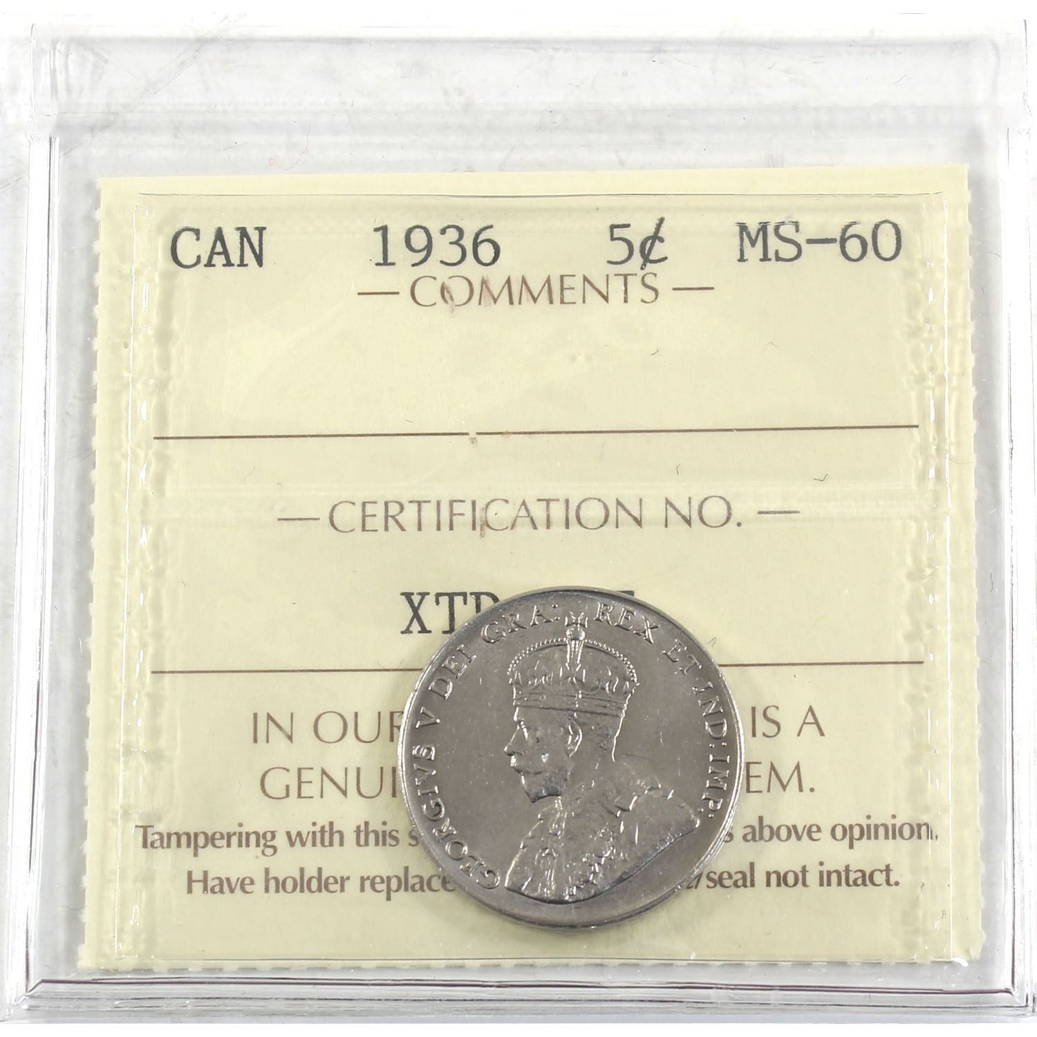 1936 Far Rim 5-cent ICCS Certified MS-60