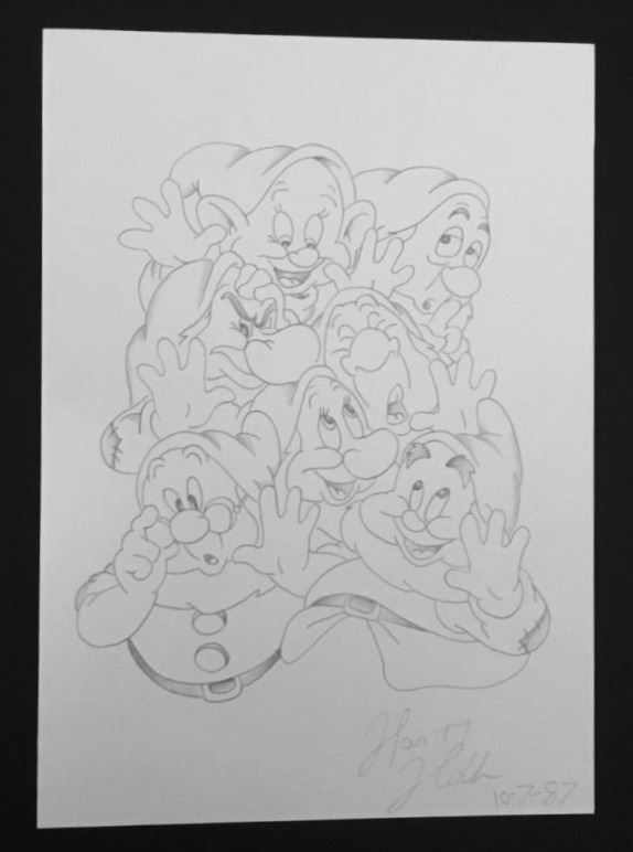 Harry Holt pencil signed drawing of the Seven dwarfs.