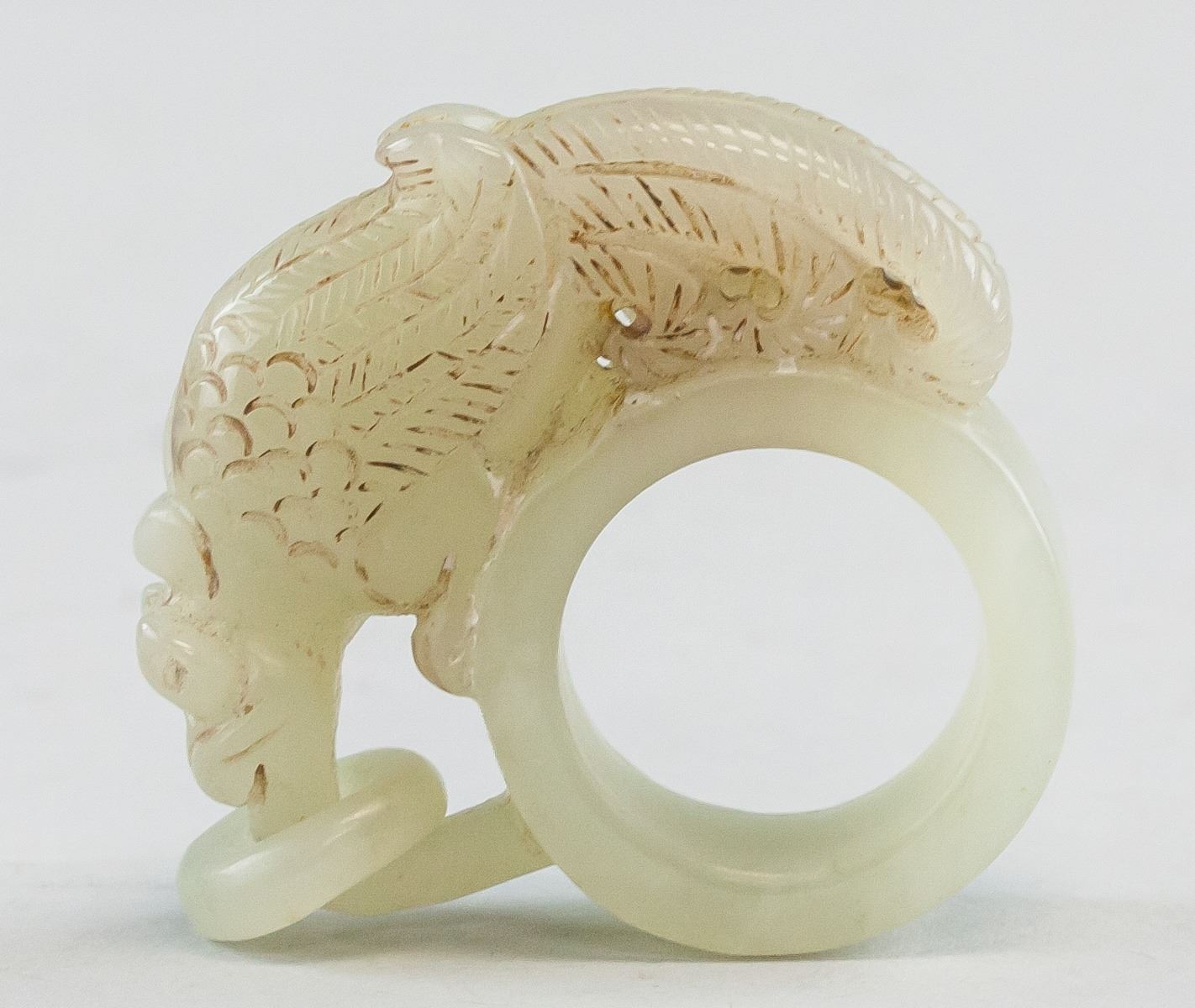 Chinese Hetian White Jade Phoenix Archer's Ring