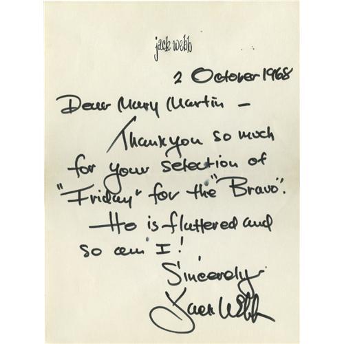 Jack Webb Signed Letter. A handwritten letter to Jack Webb Signed Letter.