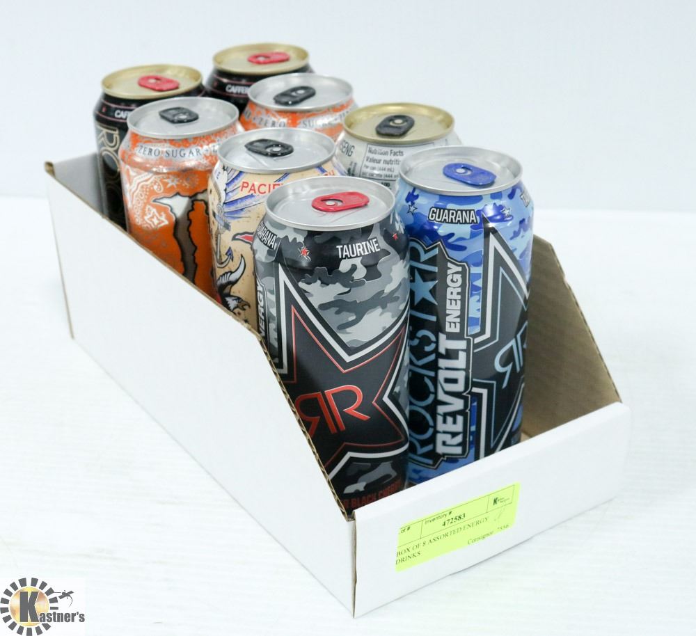 BOX OF 8 ASSORTED ENERGY DRINKS