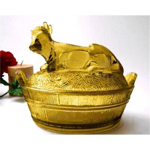 Sowerby Amber Glass COW ON HAY Butter Dish #841904