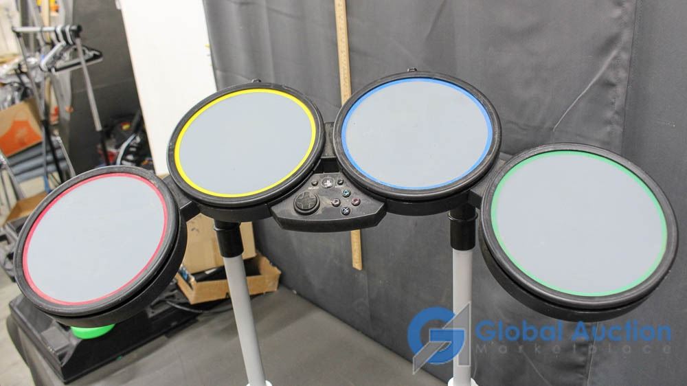 Rock Band Drum Set w/Sticks & Pedal, Microphone & (2) Guitars